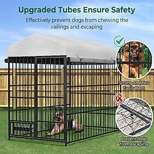 Lyromix Dog Kennel Outdoor with Waterproof Roof and Rotating Feeding Doors, Outdoor Dog Kennel Playpen Crate with Secure Lock and Bowls, Large Heavy Duty Welded Wire Dogs Run Enclosure, 6.6'×3.9'×5.9'