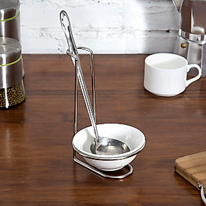 MyGift White Ceramic Ladle Holder Spoon Rest, Upright Single Cooking Utensil Holder, Vertical Drip Catcher Dish with Stainless Steel Stand for Kitchen Counter