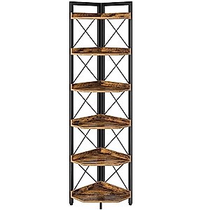 Rolanstar Corner Shelf, 6 Tier Book Shelf Display Shelves, Corner Ladder Shelf Plant Stand for Living Room, Kitchen, Balcony, Small Space, Rustic Brown