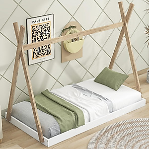 Merax Twin Wood Teepee Bed, Cute Floor Tent Bed for Kids Boys Girls,Easy Assemble White/Natural