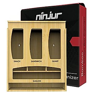 Ninjur Bamboo Ziploc Bag Storage Organizer & Dispenser for Kitchen Drawer – Food Baggie Organization Holder with Slider - Compatible with Gallon, Quart, Sandwich and Snack Plastic Bags