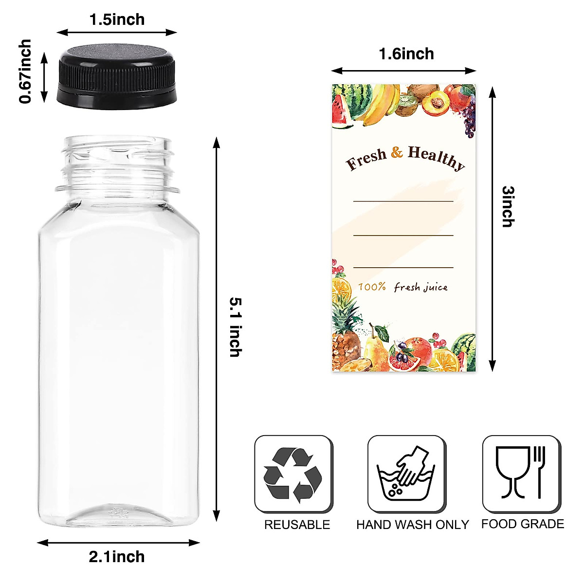 Moretoes Juice Bottles 42pcs 8 Oz Plastic Bottles with Lids, Reusable Clear Juicer Bottles with Black Tamper Evident Caps for Juice, Smoothies, Milk