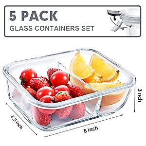 VERONES 5 Pack Glass Meal Prep Containers 2 Compartment Set, 36OZ Airtight Glass Lunch Containers, Glass Food Storage Containers with Lids, for Microwave, Oven, Freezer & Dishwasher Friendly,Grey
