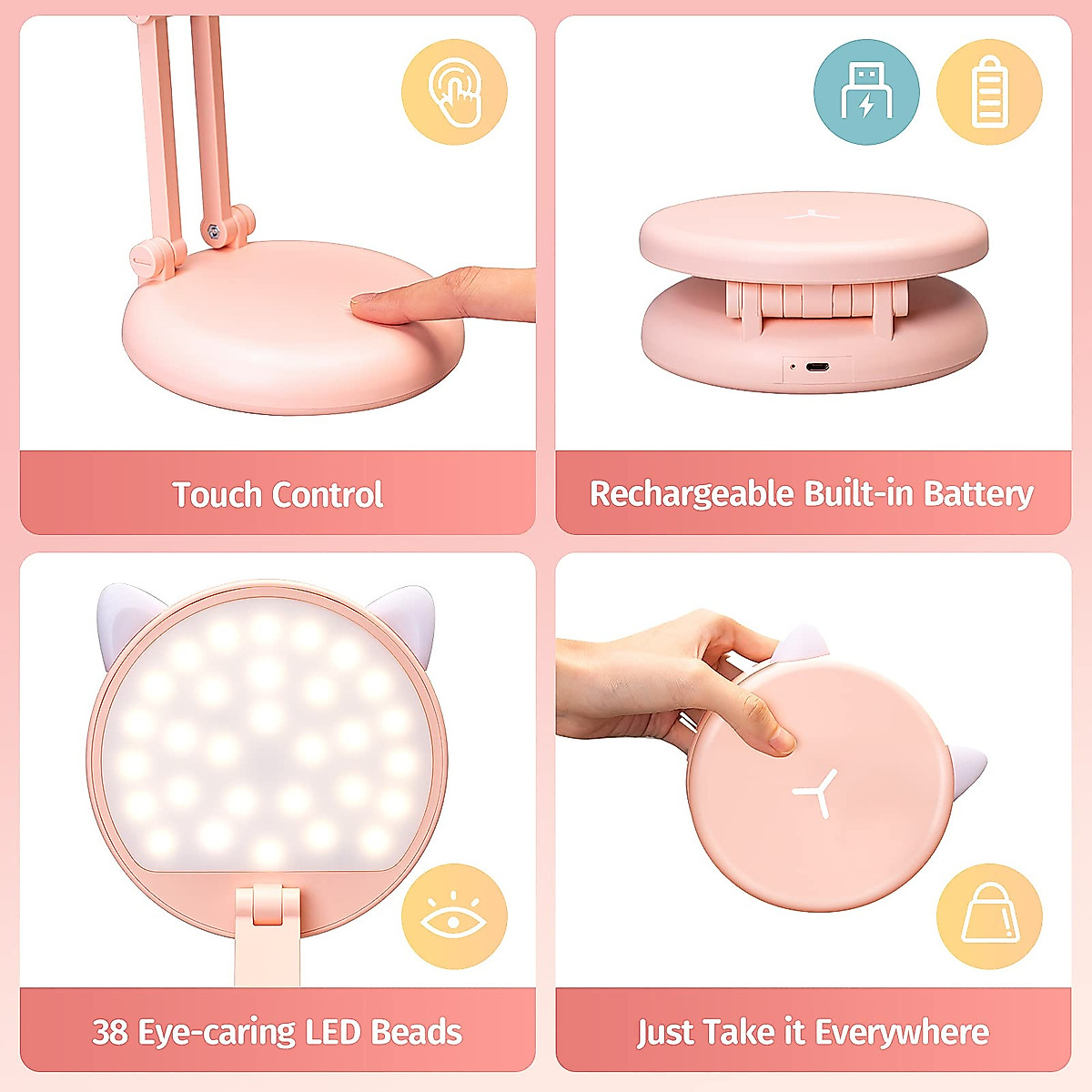 One Fire Cute Desk Lamp Pink Lamp Kawaii Desk Accessories, 8 Brightness Cute Lamp Cat Lamp Kawaii Accessories, Foldable & Portable Pink Cute Desk Accessories Kawaii Room Decor,Kawaii Stuff Cute Things