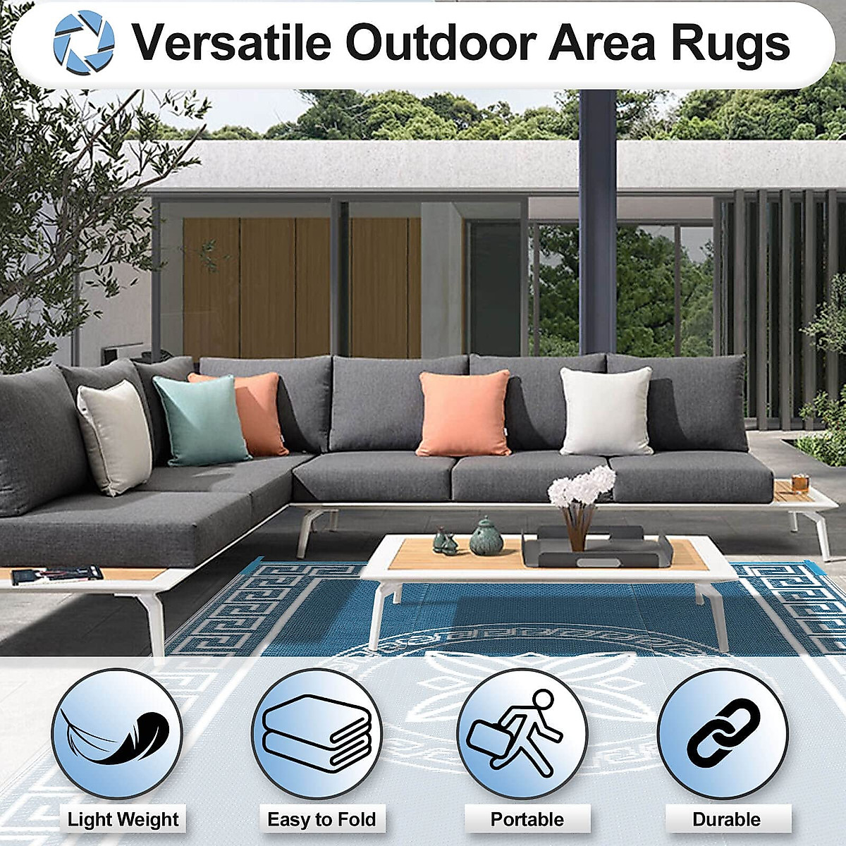 OutdoorLines Outdoor Reversible Rugs for Patio 9x12 ft - Plastic Area Rug, Stain & UV Resistant Portable RV Carpet, Plastic Straw Mats for Porch Deck and Camping Quatrefoil/Grayish Blue & White