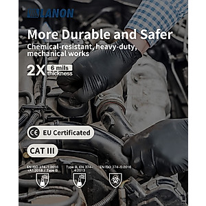 LANON 6 mil Black Nitrile Disposable Gloves, EN ISO 374 Chemical Resistant, Heavy-Duty, Mechanic, Textured Fingertips, Latex-Free, Large