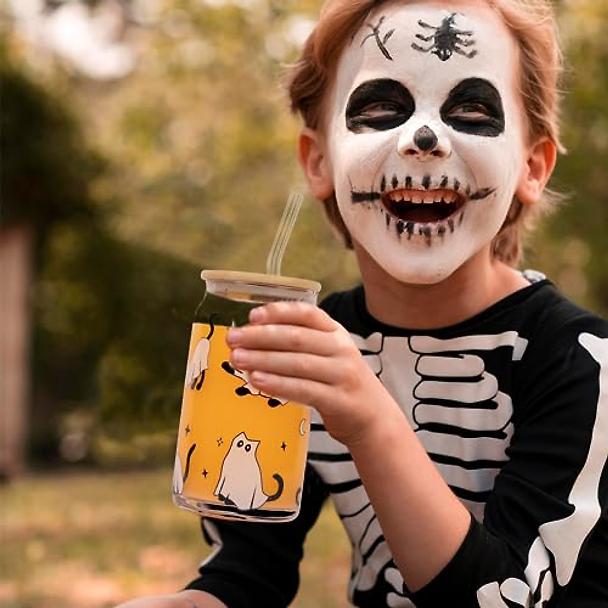 Joyseller Halloween Iced Coffee Can Glass, 16oz Halloween Cute Ghost Cat Glass Cup with Lid and Straw, Halloween Tumbler Beer Can Glass, Halloween Gifts, Halloween Decorations