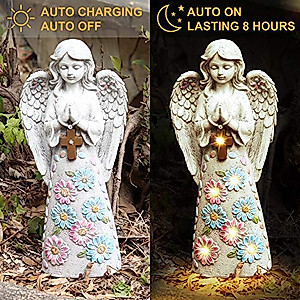 Voveexy Angel Garden Figurine Outdoor Garden Statue, Solar Garden Sculpture with 7 LEDs Welcome Sign Resin Praying Angel Art Garden Decor for Patio Lawn Yard Porch Decoration, Housewarming Garden Gift