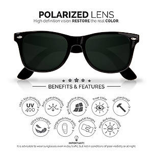 REVOLUTTI Polarized Sunglasses for Men and Women | Black UV400 Protection Factor Anti Glare, Anti Reflective and Shatterproof Lenses with Complete Maintenance Set