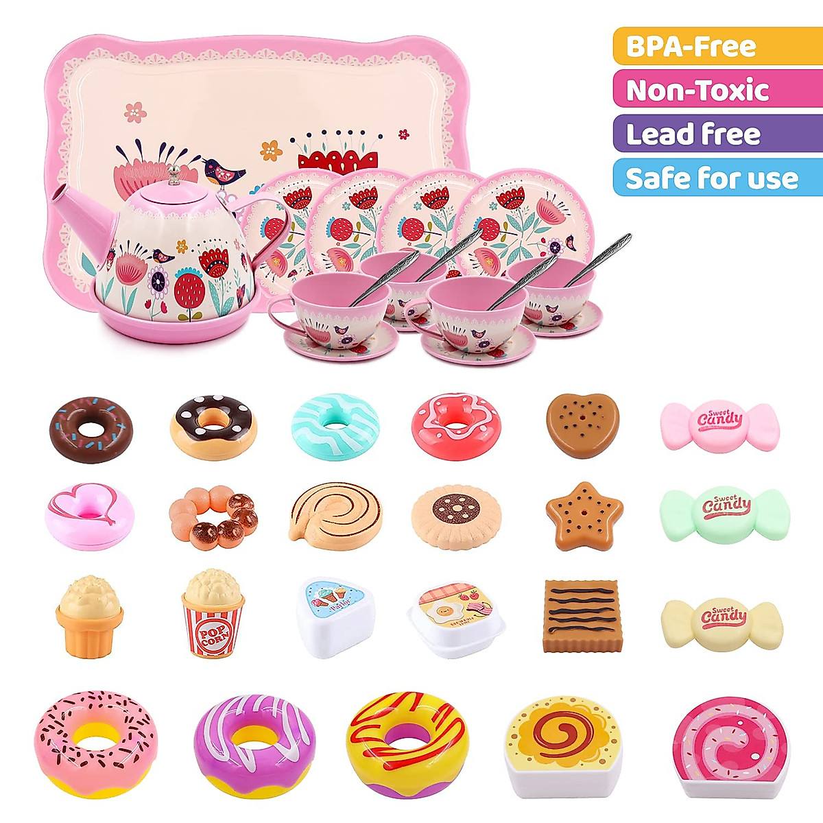 44PCS Tea Set for Little Girls, Princess Tea Time Toys Playset- Teapot Dishes Dessert & Carrying Case, Kitchen Pretend Play Tin Tea Party Set Gifts for Kids Toddlers Toy (Flower Desgin)