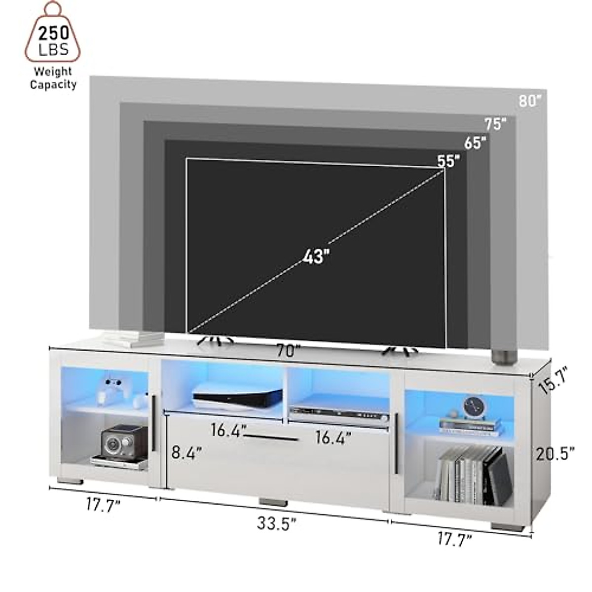 chartustriable 70 Inch Modern TV Stand with Music Sync LED Lights for 75 Inch TV, High Gloss Entertainment Center with Storage Cabinet, TV Media Console for Living Room Bedroom(White)