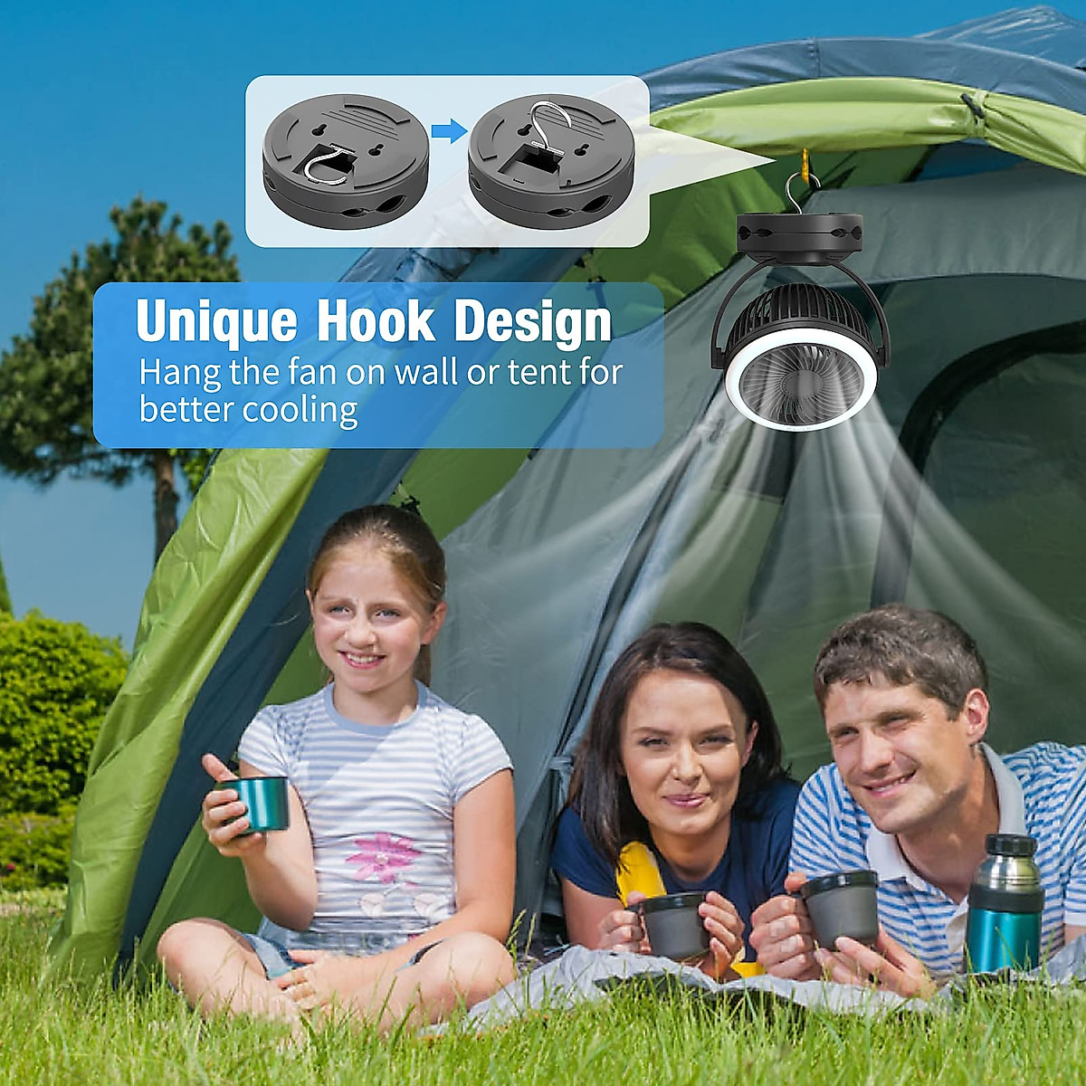 zoolb 10000mAh Camping Lantern Fan, 4 Speeds Clip On Fan, Battery Operated Fan, Portable Personal Fan, 360° Rotation, Time Setting, 40 hrs Working Time, for Tents, Gym, Home, Black