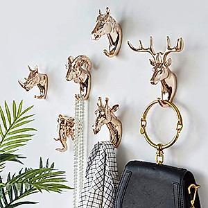 Animal Head Key Hooks Decorative for Wall Creative Resin Hook Hanger (Pack 6) Animal Shaped Coat Hat Hook Wall Hanging Wall Hook Decorative Gift (Electroplated Gold)