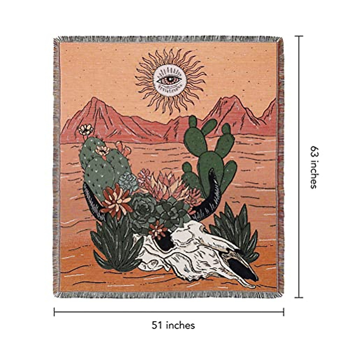tiowik Cactus Desert Throw Woven Blanket with Tassel for Home Decoration Chair Couch Sofa Bed Beach Travel Picnic Cloth Tapestry Shawl Cozy Cotton (Orange 63×51 Inches)
