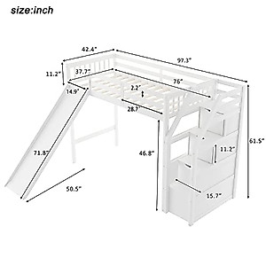 RUNWON Solid Wood Twin Size Loft Bed with Storage and Slide for Kids Teens Bedroom, No Box Spring Needed, White