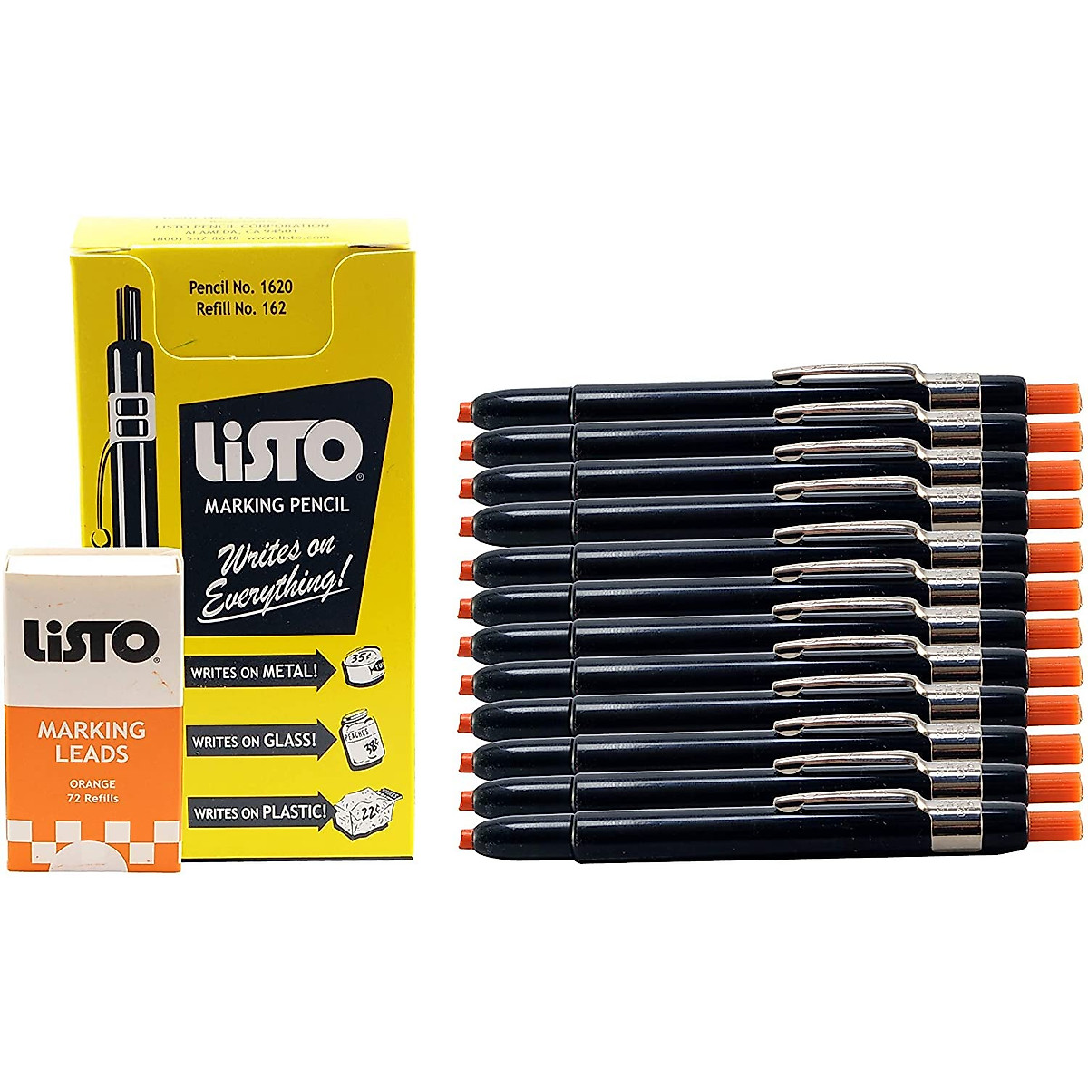 Listo 1620 and 162 Marking Pencils Kit, 12 Pencils, 72 Refill Leads - Orange, Chisel Tip, Firm, Flat End, Ideal for Marking and Writing on Hard Surfaces, Construction Theme, Not Water Resistant
