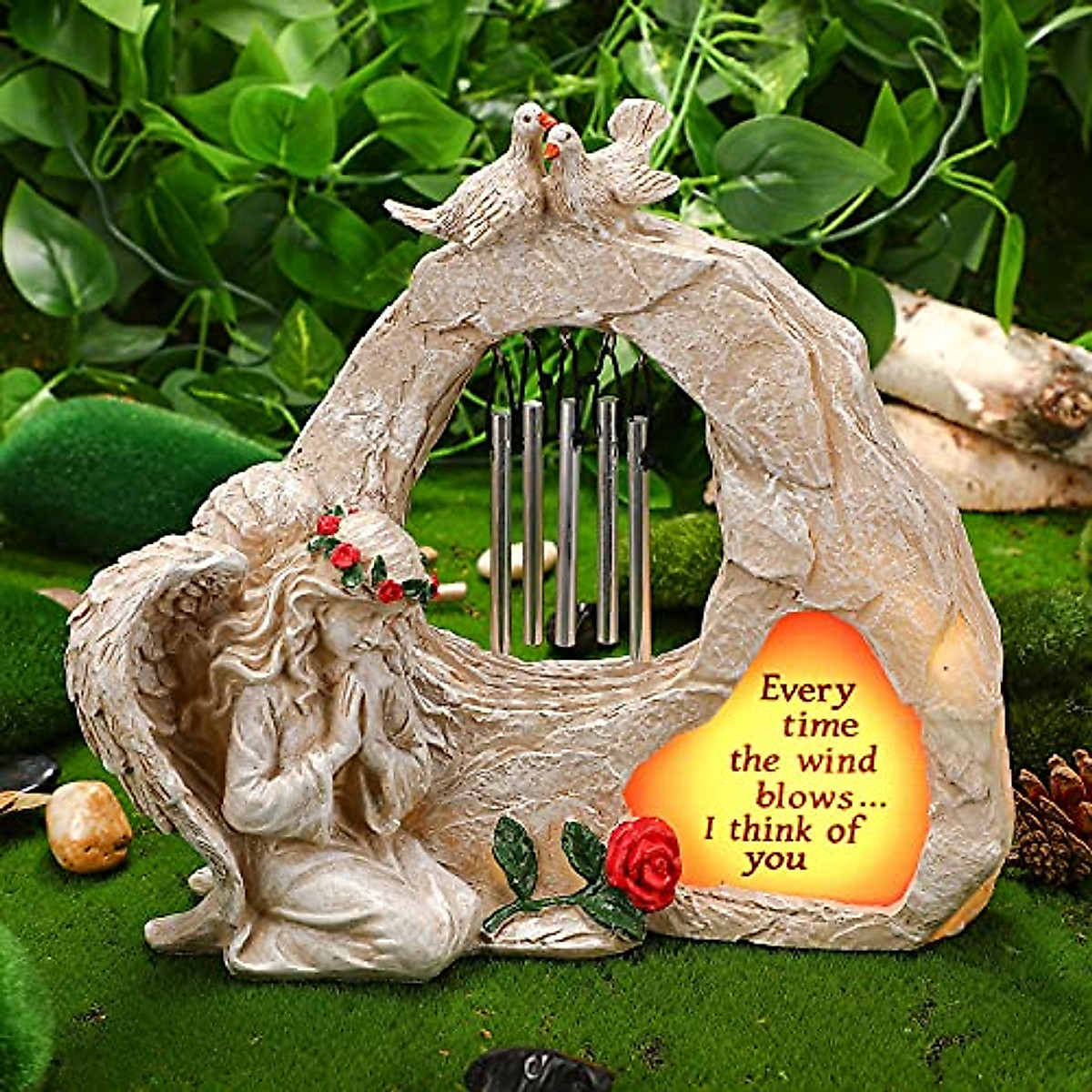 Praying Solar Angel Statue Sympathy Gift,Cementary Decoration Garden Angel Memorial Wind Chime Statue Cementary Sympathy Gift Solar Angel Resin Figurines Light for Home Decoration (Elegant Style)