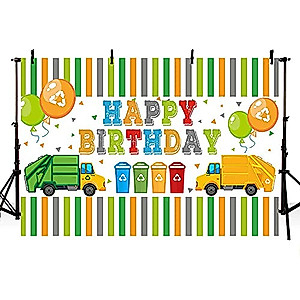 ABLIN 7x5ft Garbage Truck Boys Happy Birthday Backdrop Waste Management Colorful Stripe Green Yellow Rubbish Truck Trash Can Background Party Decorations Cake Table Banner Props, Clear