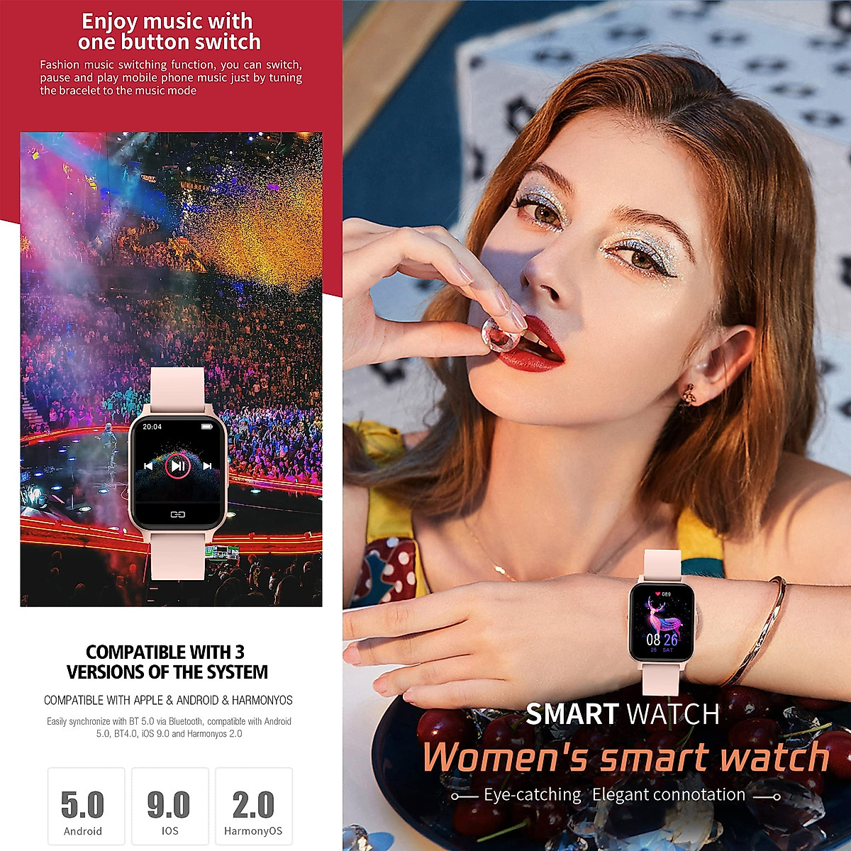 DREAMWIN Smart Watches for Men Women, 2022 HD LCD Smart Watch for Android Phones and iPhone Compatible, Waterproof Fitness Smartwatch with Sleep Tracker, Heart Rate, Blood Oxygen Monitor (Pink)