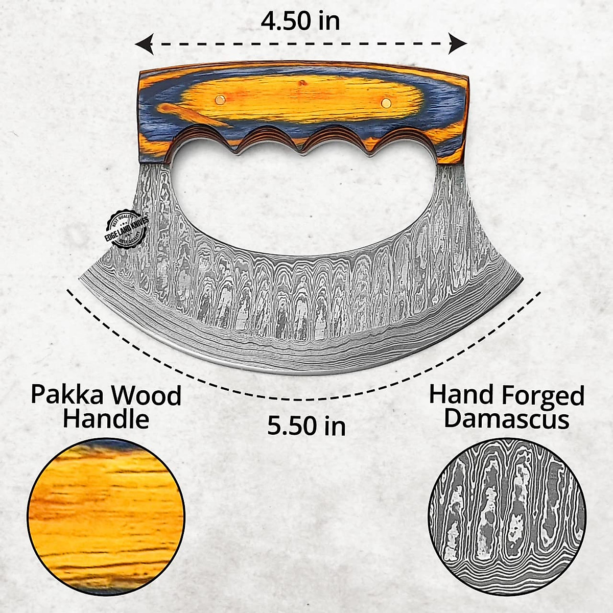 One Handed Rocker Damascus Ulu Knife With Sheath, Rocker Knife For One Handed Cutting, 5.5 Inches Rocker Damascus Ulu Knife, Heavy Duty Rocker Knife/Ulu Knife/Mezzaluna Knife (Pakka Wood)