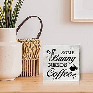 Some Bunny Needs Coffee Wood Box Sign Home Decor Rustic Easter Bunny Wooden Box Sign Block Plaque for Wall Tabletop Desk Home Kitchen Decoration