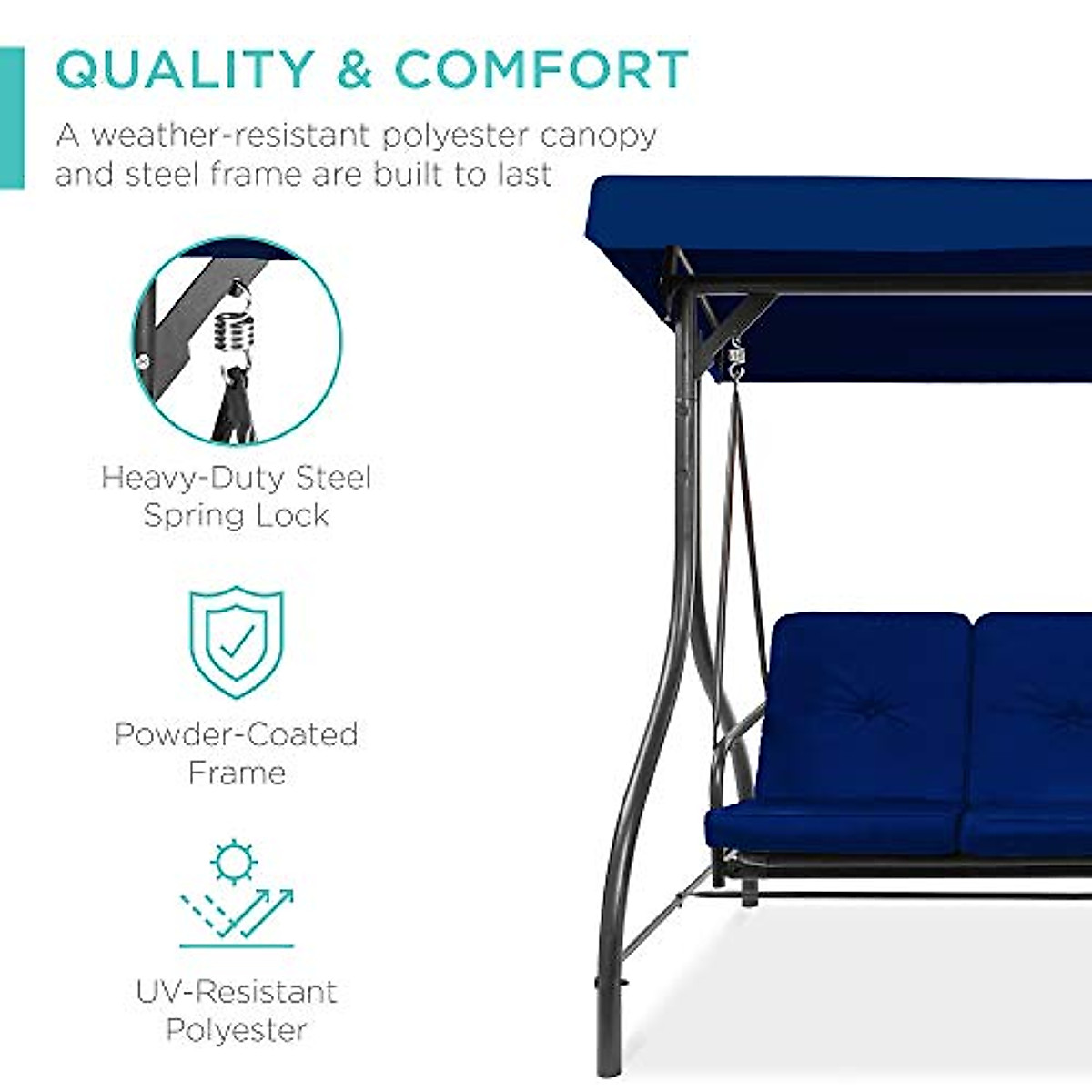 Best Choice Products 3-Seat Outdoor Large Converting Canopy Swing Glider, Patio Hammock Lounge Chair for Porch, Backyard w/Flatbed, Adjustable Shade, Removable Cushions - Navy