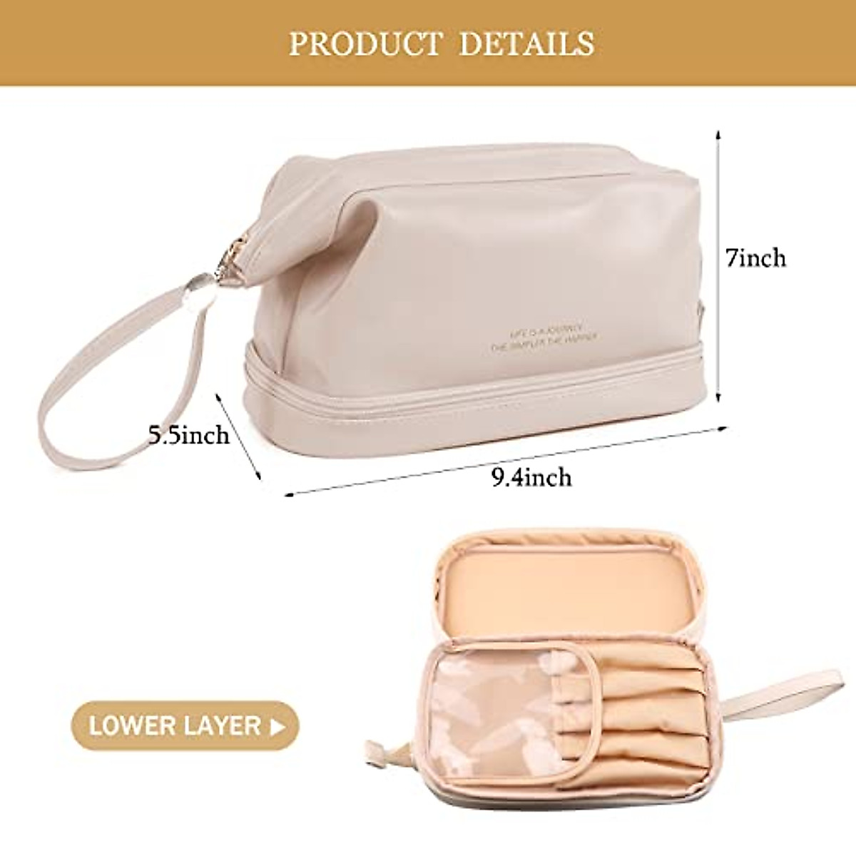 Abiudeng Large Makeup Bag,Double Layer Cosmetic Bag,Travel Makeup Bag,Leather Makeup Bag, Cosmetic Travel Bags,Portable Leather Toiletry Bag,Roomy Cosmetic Bag for Women and Girls.White