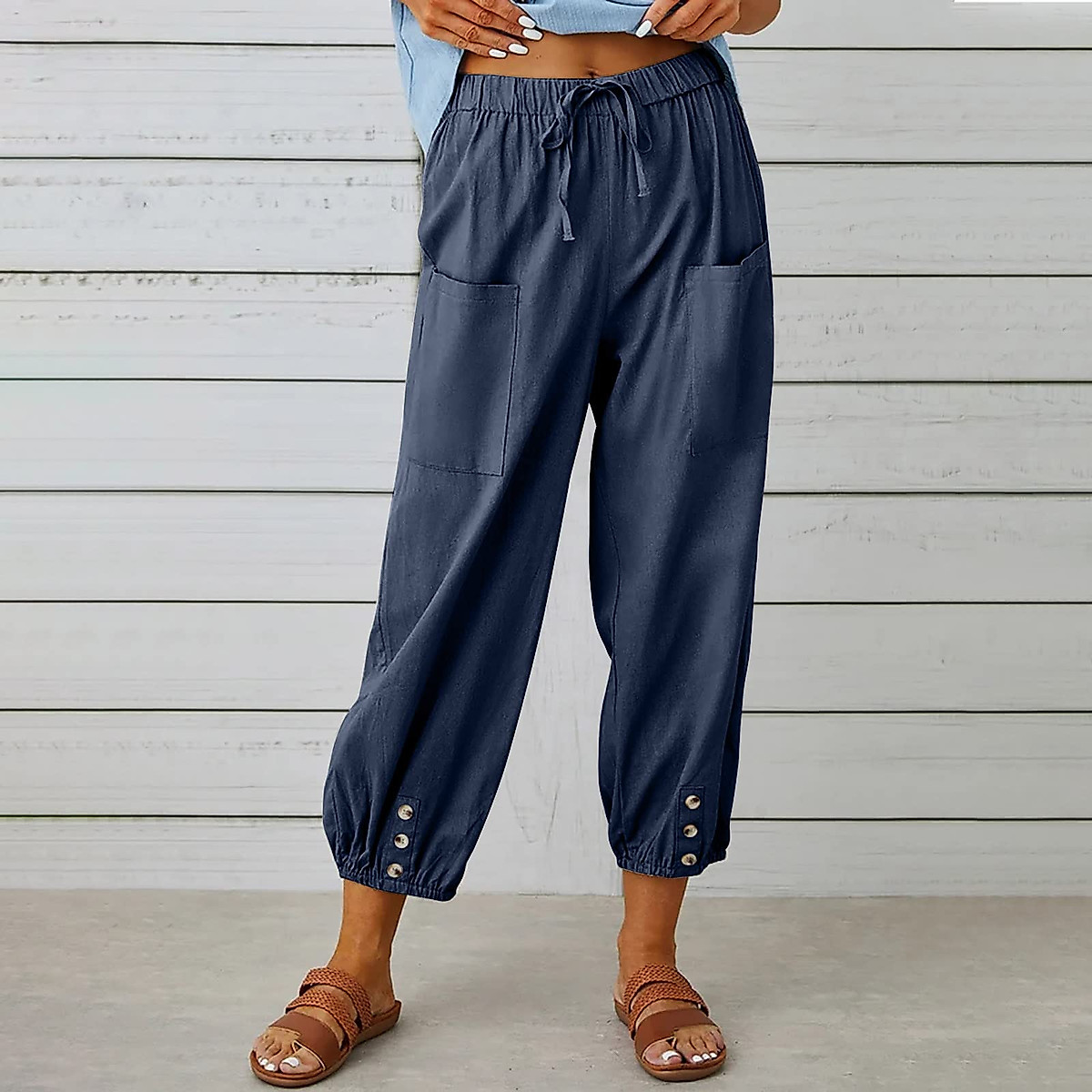 Womens Casual Capri Pants Elastic Waist Drawstring Summer Lounge Baggy Trousers Cinch Bottom Lantern Ankle Pants with Pockets