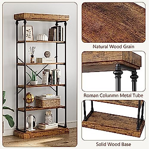 IDEALHOUSE Industrial Bookshelf Wood Bookcase 6 Tier Storage Open Rack Shelf Metal Frame Rustic Tall Standing Bookshelves Large Vintage Display Rack for Bedroom,Living Room and Home Office