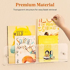 Lifewit Nursery Bookshelf 4 Pack, 15" Floating Shelves for Wall Mounted, Clear Acrylic Kids Magazine/Picture Hanging Racks for Baby/Toddler/Children in Bedroom, Living Room Decor