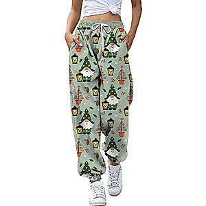 Plus Size Sweatpants,High Waisted Sweatpants for Women Christmas Gnome Print Elastic Waisted Baggy Sweatpants Drawstring Wide Leg Lounge Bottoms Red Wine Glass Print Green XL