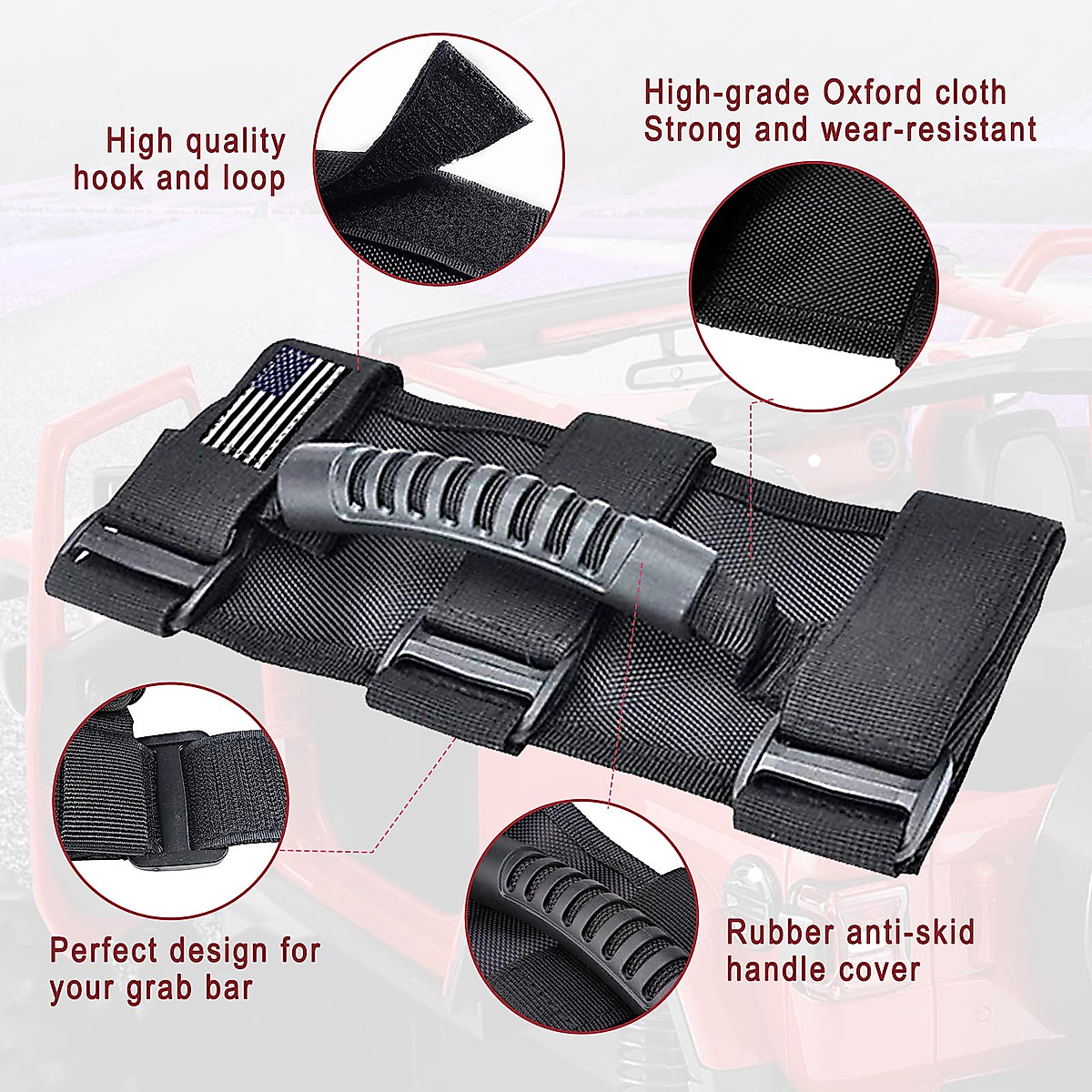 Miytsya 2 Pack Roll Bar Grab Handles Grip Handles, 3 Straps Fixed American Flag Pattern Car Interior Roof Handles Strap, Compatible with Jeep Wrangler TJ YJ JK, for 1987-2022 Models (Black)