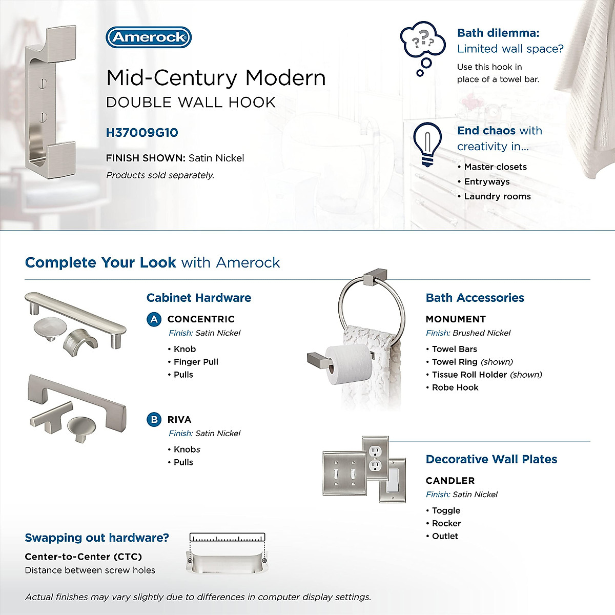 Amerock H37009G10 | Bray Double Prong Decorative Wall Hook | Satin Nickel Hook for Coats, Hats, Backpacks, Bags | Hooks for Bathroom, Bedroom, Closet, Entryway, Laundry Room, Office