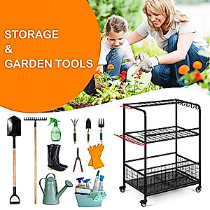 Garden Tool Storage Organizer with Wheels, Yard Tool Stand Holder Racks, Garage Tool Rack, Garden Tool Rolling Cart, Garage Organizers and Storage Hold Garden Tools for Garage Lawn and Outdoor