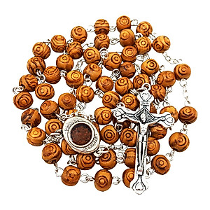 TALISMAN4U CATHOLIC ROSARY NECKLACE Olive Wood Carved Beads With Jerusalem Soil & Cross Crucifix in Gift Box