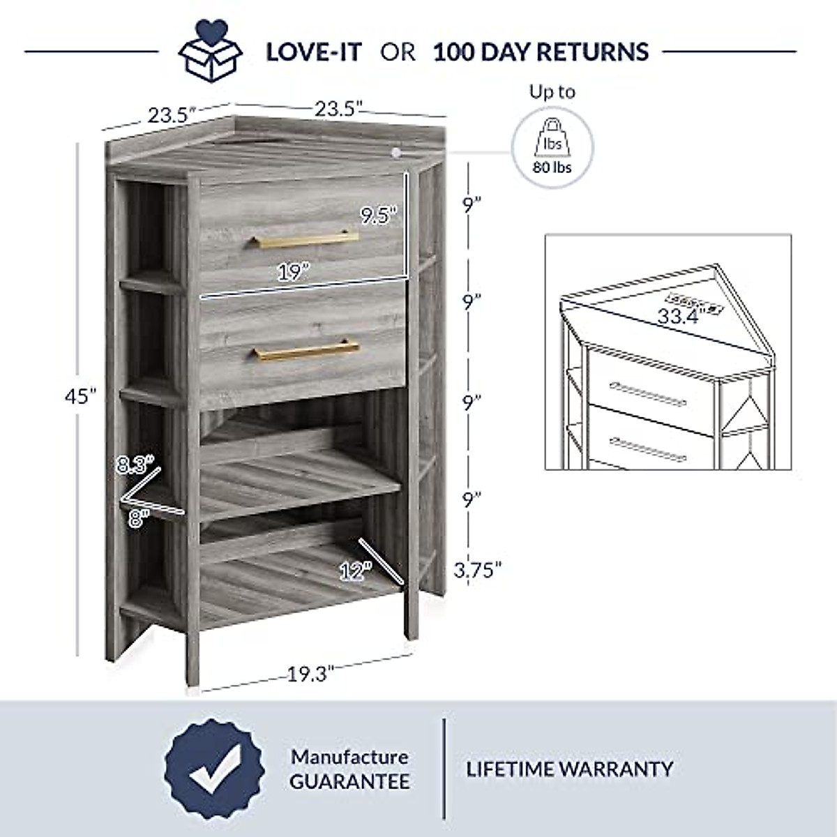 BELLEZE Corner Cabinet with USB Ports and Outlets, Corner Table with 2 Storage Drawers and 10 Shelves, Store and Organize Home Furniture for Bedroom, Living Room Small Space - Sonoma (Gray)