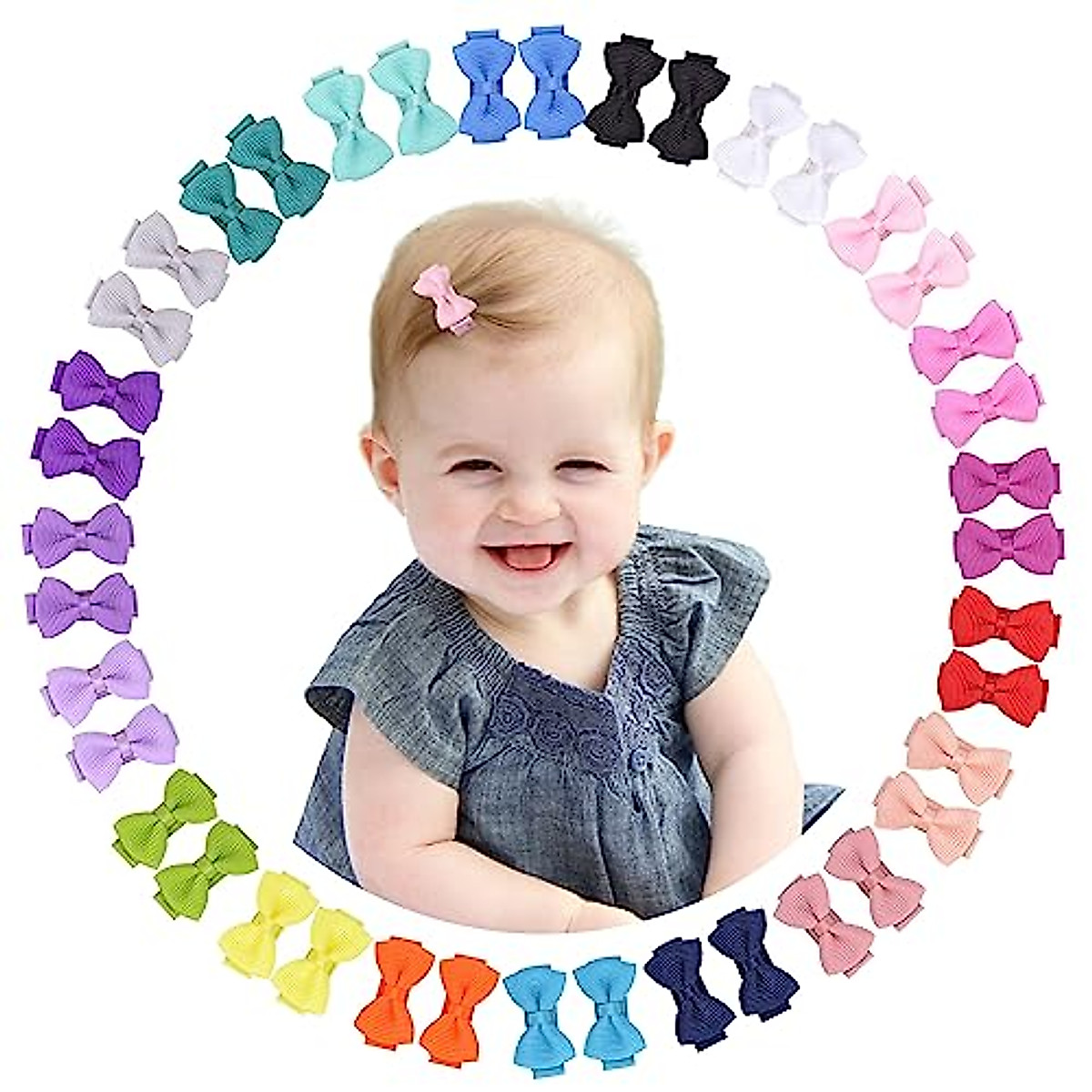 Baby Hair Clips Bows for Girls Mini Fully Lined Baby Bows Grosgrain Ribbon 1.2" Tiny Hair Bows Clips for Baby Girls Infant Fine Hair 40PCS (20Colors in Pairs)