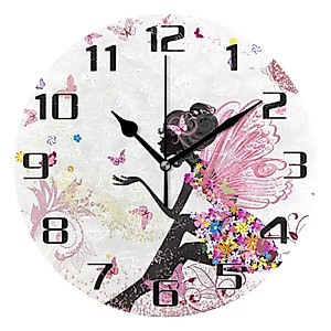 African Black Girl Floral Flower Wall Clock, Garden Butterfly Silent Non Ticking Round Clock for Home Kitchen Bedroom Desktop Stand Bathroom Living Room Decor Office Classroom Clock Art 9.5 Inch