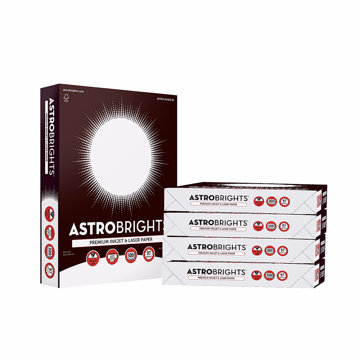 Astrobrights® Printer & Copy Paper, 8.5" x 11", 28lb/105gsm, 97 Brightness, White, 5 reams of 300 sheets per ream, 1,500 sheets per carton (91738-01)