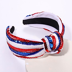 4 th of July Headband for Women Girls Fourth of July Knotted Headband Red White and Blue Sequin Beaded Patriotic Hairband American Flag USA Independence Day Head Band Hair Accessories Gifts