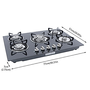 BJTDLLX 30" Gas Cooktop, Built-in 5 Burners Gas Stove Gas Hob Stovetop Thermocouple Protection Gas Range, Tempered Glass Cooktop Porcelain Ena Grates, Natural Gas LPG Gas Easy to Clean, 30.3”*20”