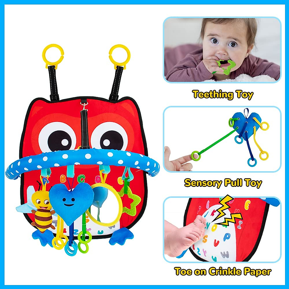 teytoy Baby Car Toys Rear Facing, Adjustable Car Seat Toys Double Sided Car Seat Toys for Babies 6-12 Months with Mirror, Teether, Sensory Pull String Toy and Squeakers, Baby Car Toys Travel Toys