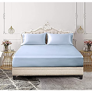 SiinvdaBZX 3-Piece Set Satin Twin Fitted Sheet & 2 Pillowcase, Baby Blue Silky Soft Fitted Bottom Sheet, Wrinkle Free, Fade Resistant, Deep Pocket Bed Sheet (Deep Up to 15")