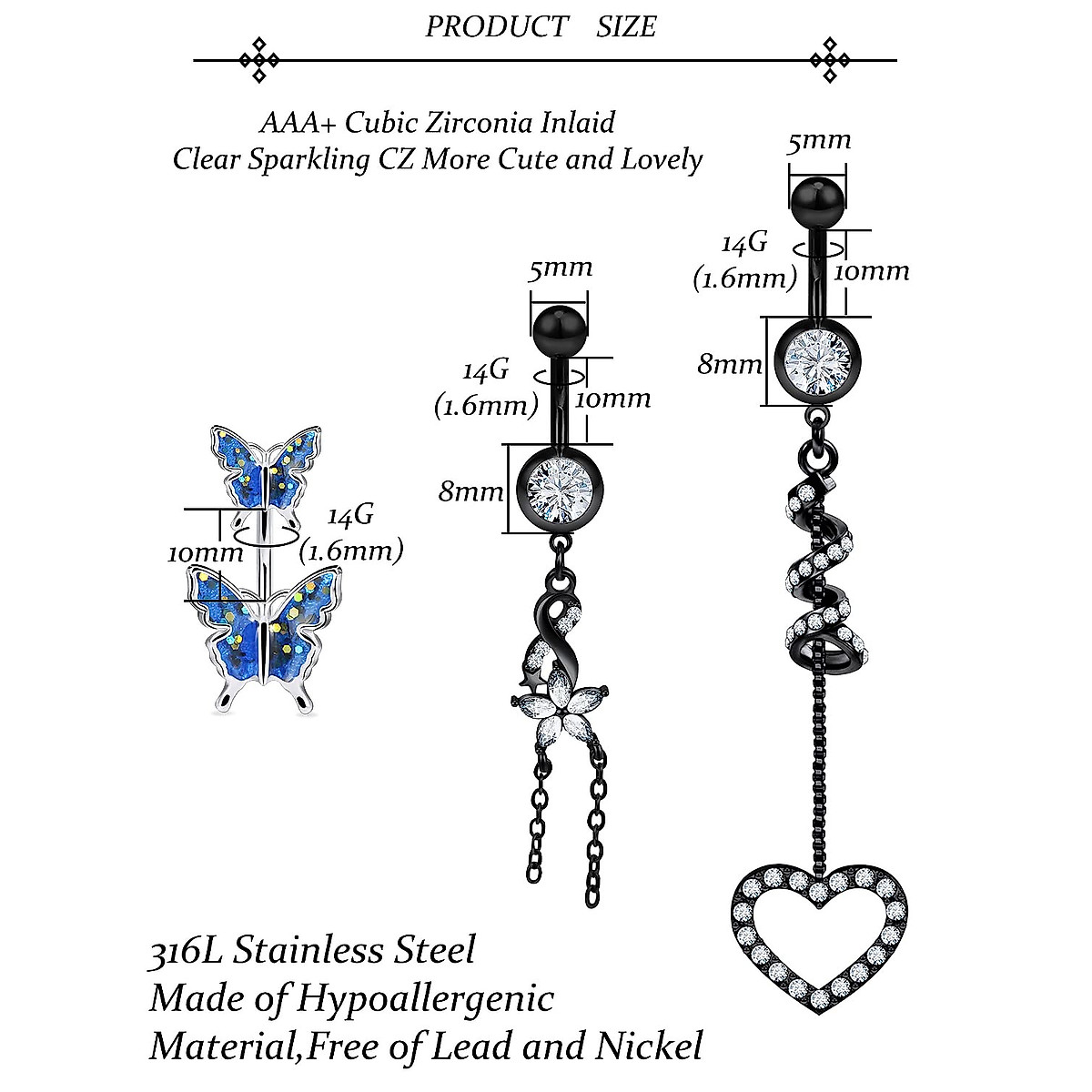 Vsnnsns 14G Belly Button Rings Belly Rings for Women Surgical Stainless Steel Skull Belly Piercing Jewelry Heart Butterfly Belly Button Ring Opal Navel Ring Barbell Body Jewelry Piercing Black