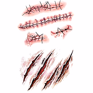 KIPETTO 20Pcs Halloween Temporary Tattoo Stickers Horror Realistic Waterproof Fake Bloody Wound Stitch Stickers Makeup For Halloween Party Cosplay