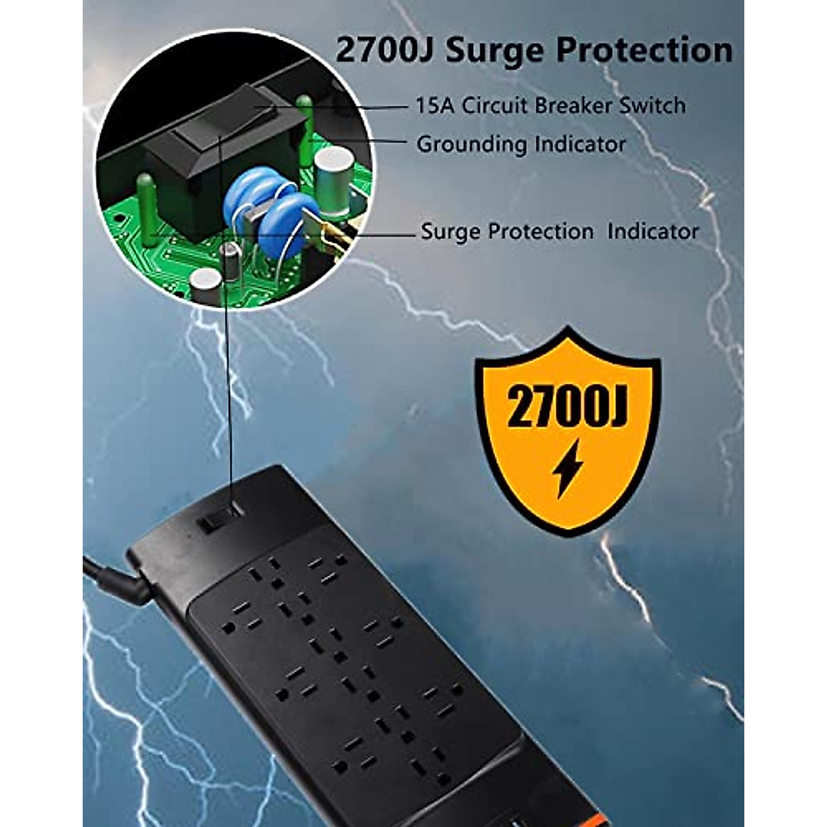 Surge Protector Power Strip, 6 Ft Extension Cord Power Strip, 12 Outlets & 4 USB (3A1C) Ports,1875W, 2700J, College, Dorm, Home, Office Essentials