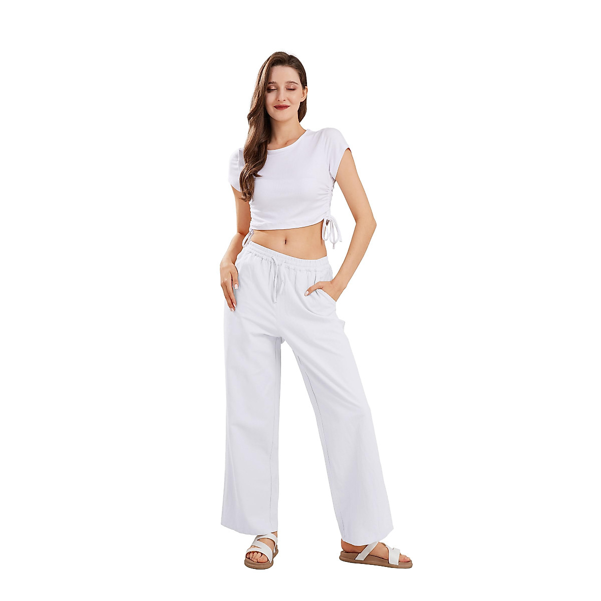 CHARTOU Women's Summer Drawstring Waist Wide Leg Loose Cotton Linen Palazzo Pants (X-Large, White)
