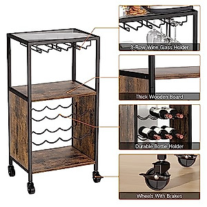 SZLHANJZ Wine Cart, Small Liquor Cart with Glass Holder, Rolling Side Table for Beverage Serving, Wood and Metal Bar Cart with Wine Rack for Home Bar, Kitchen, Living Room, Rustic Brown