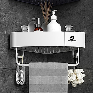 Generic Corner Shower Shelf Adhesive Wall Mounted No Drilling Corner Bathroom Counter Organizer with Towel Rack & Hooks Bathroom Organizer Countertop (white)