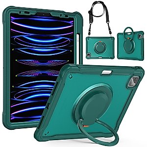 SLLMYYX Case for iPad Pro 11 inch 2022/2021/2020/iPad Air 5th/4th, 360 Rotating Hand Grip Kickstand Heavy Duty Protective Cover with Shoulder Strap (Midnight Green)